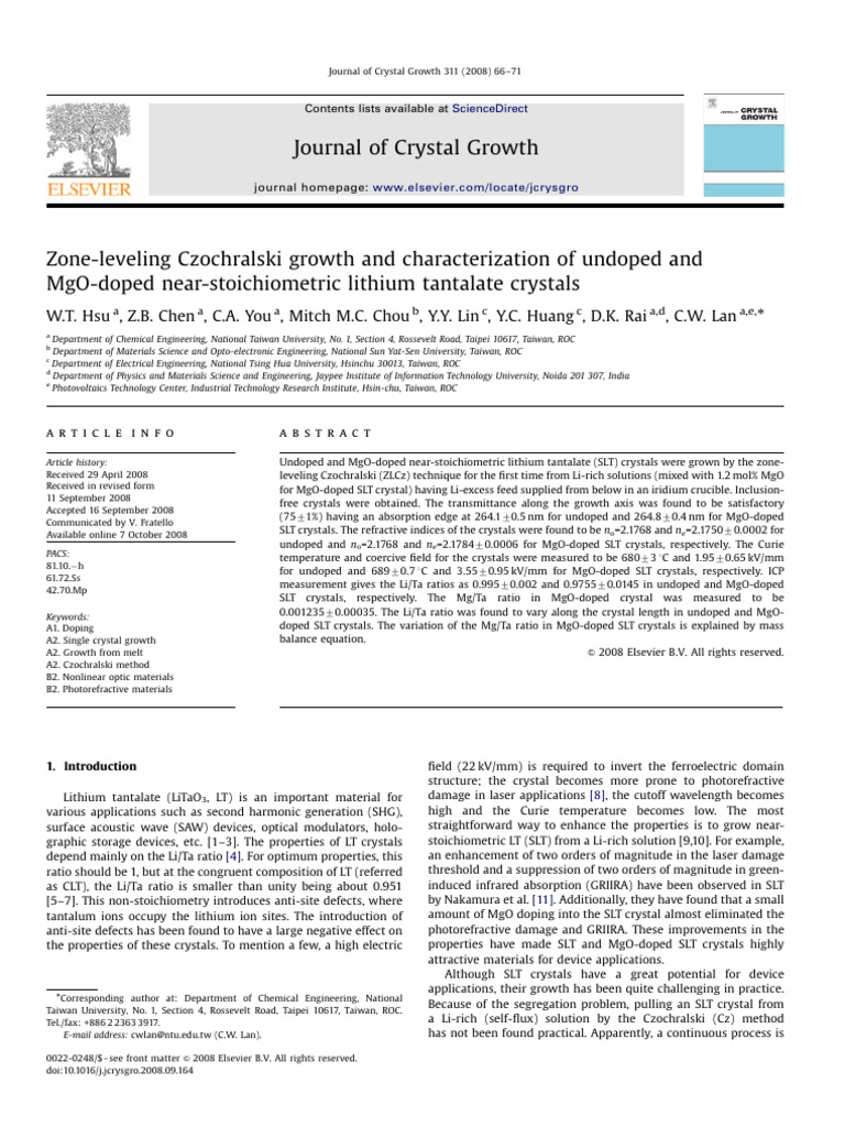 Zone-Leveling Czochralski Growth and Characterization of Undoped and MgO-doped Near ...