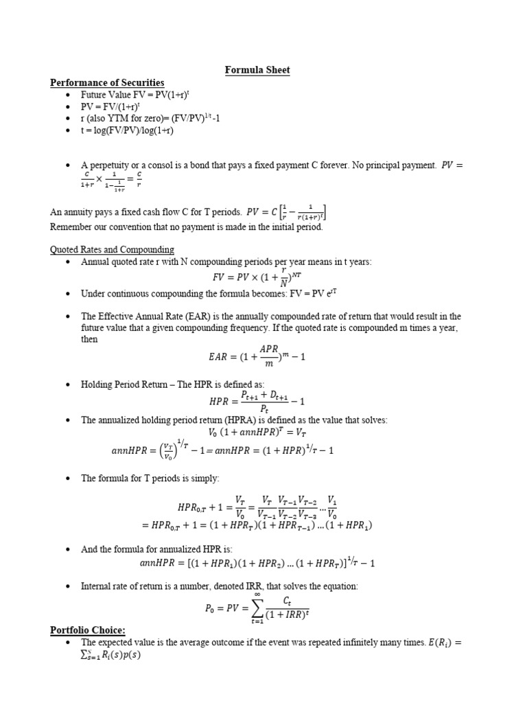 Foundation of Finance Formula Sheet For Final | PDF | Standard Deviation | Investing