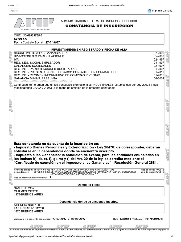 Constancia de Inscripción AFIP 2017 | PDF | Impuesto sobre la renta ...
