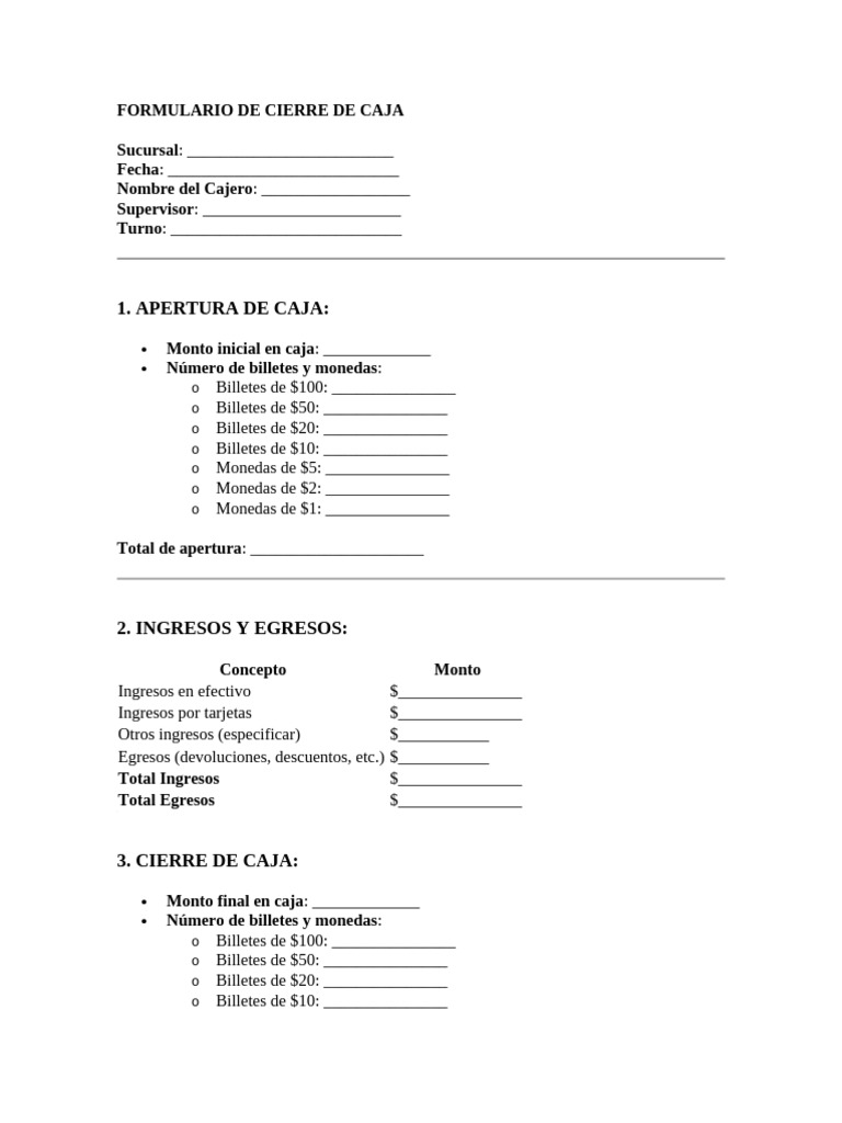 Formulario de Cierre de Caja | PDF | Mercado de divisas | Bancario