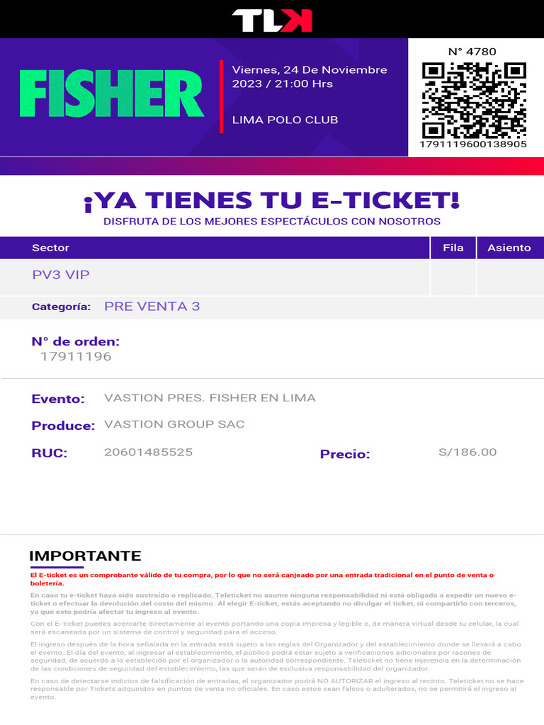 Eticket - pv3 Vip - Vas016 - 24112023 - 2100 - 17911196 - 1 | PDF