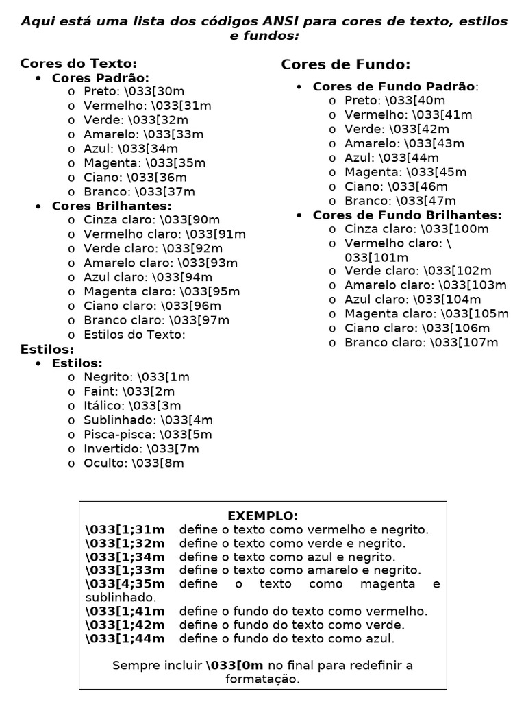 Códigos ANSI para Cores e Estilos de Texto | PDF | Iluminação | Sistema ...