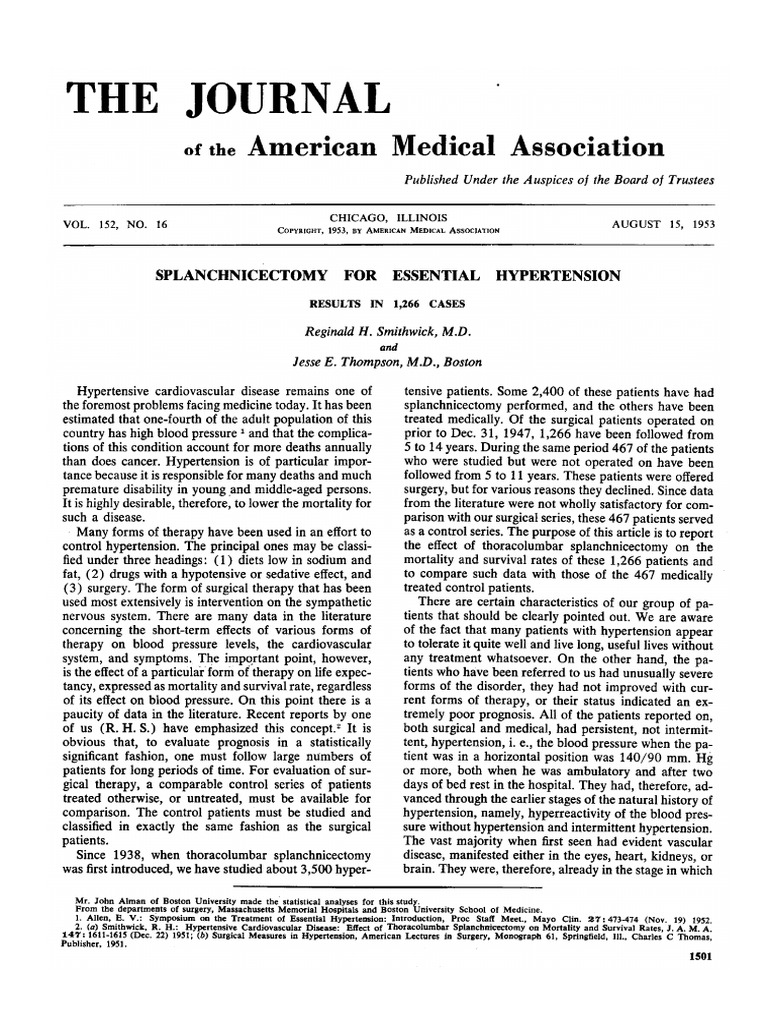 Splanchnicectomy For Essential Hypertension - JAMA 1953 | PDF ...