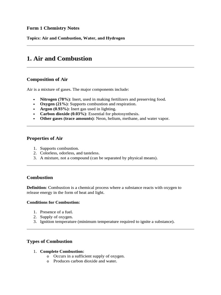 Form 1 Chemistry Notes | PDF | Combustion | Water