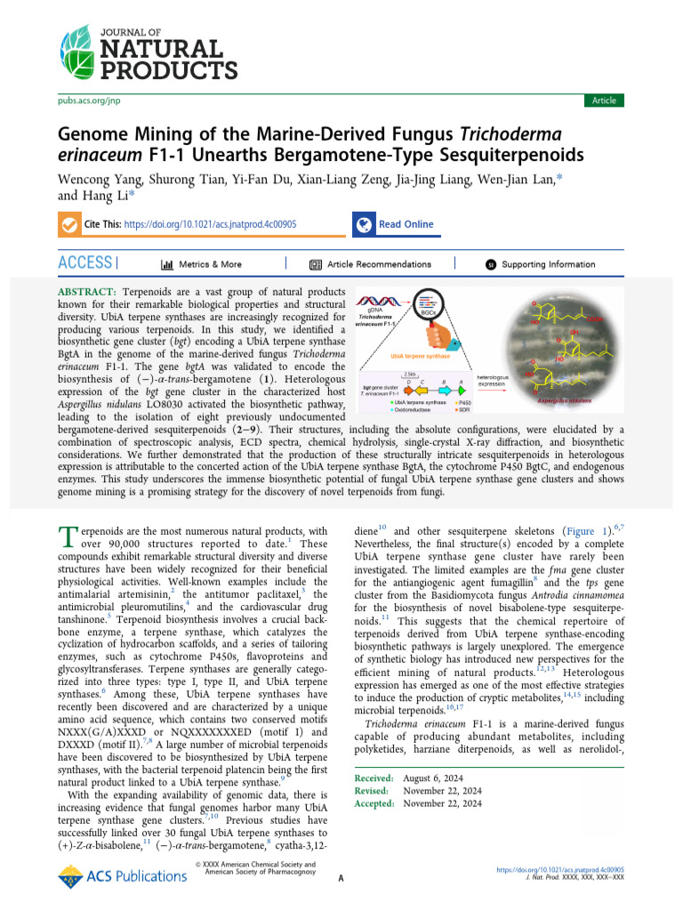 Genome mining of the marine derived fungus Trichoderma erinaceum F1-1 unearths bergamotene-type ...