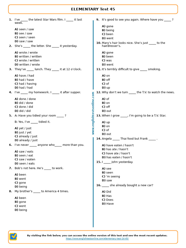 1182 Elementary Test 45 | PDF