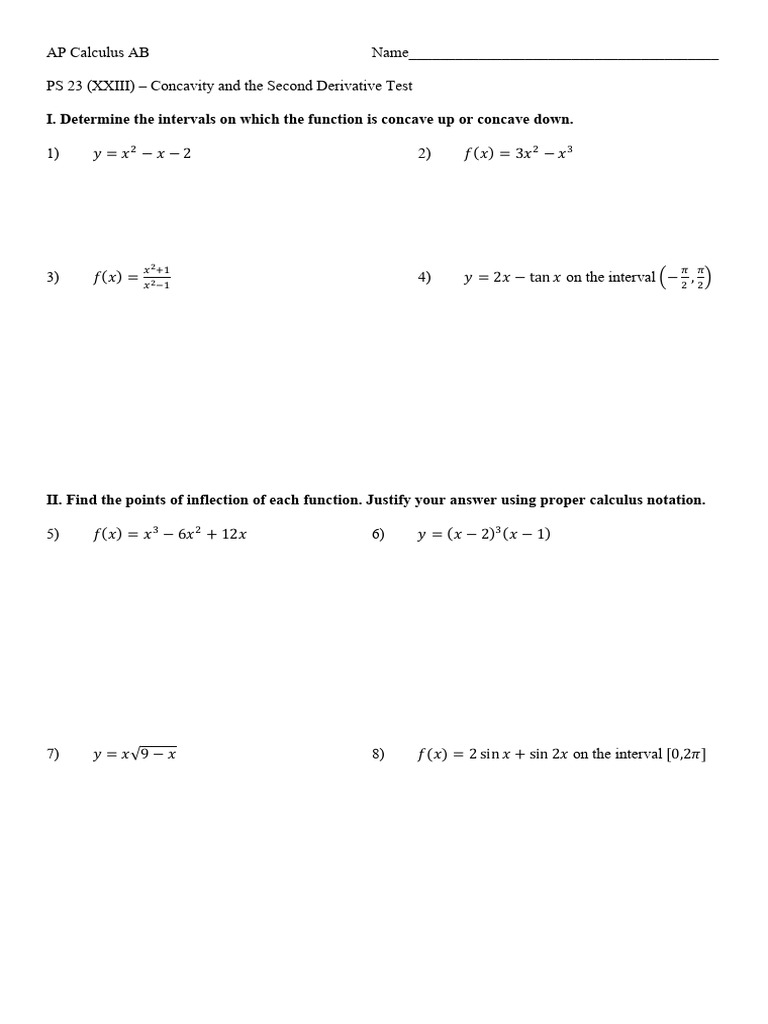 PS 23 - Concavity and the Second Derivative Test | PDF