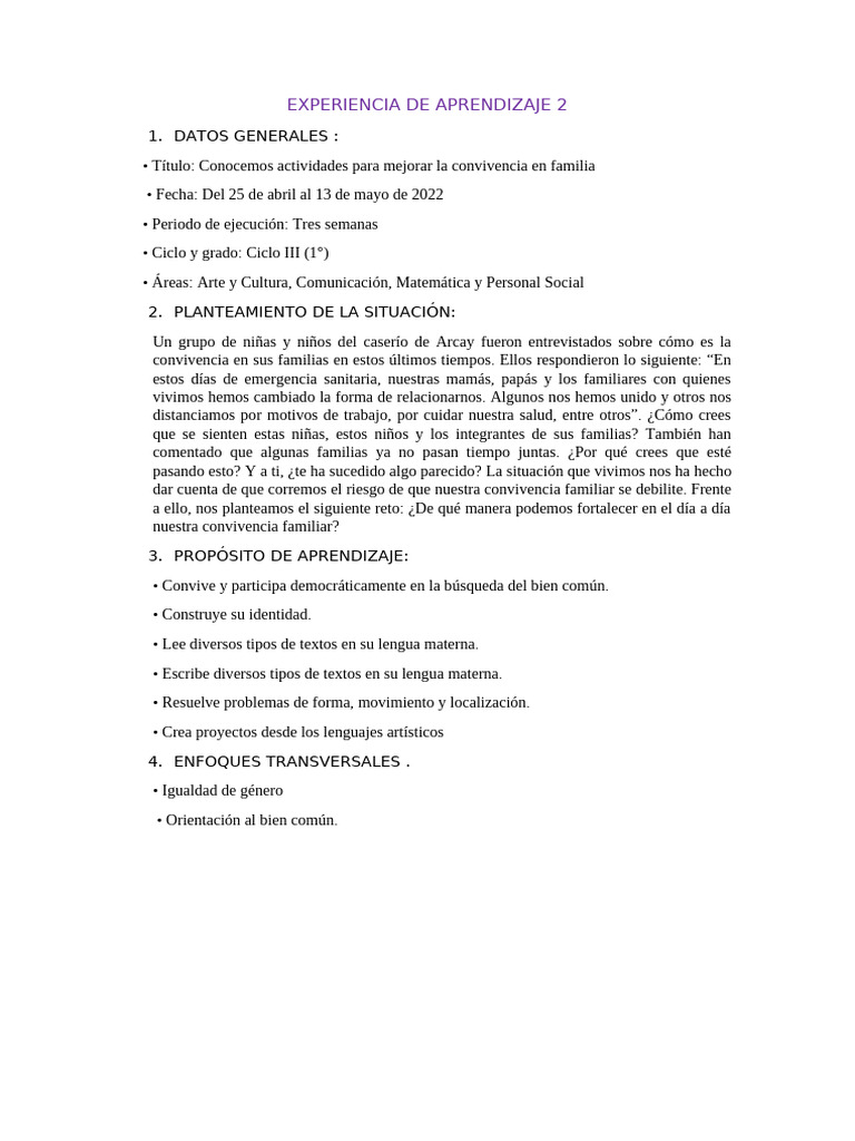 Experiencia de Aprendizaje 2 | PDF | Aprendizaje