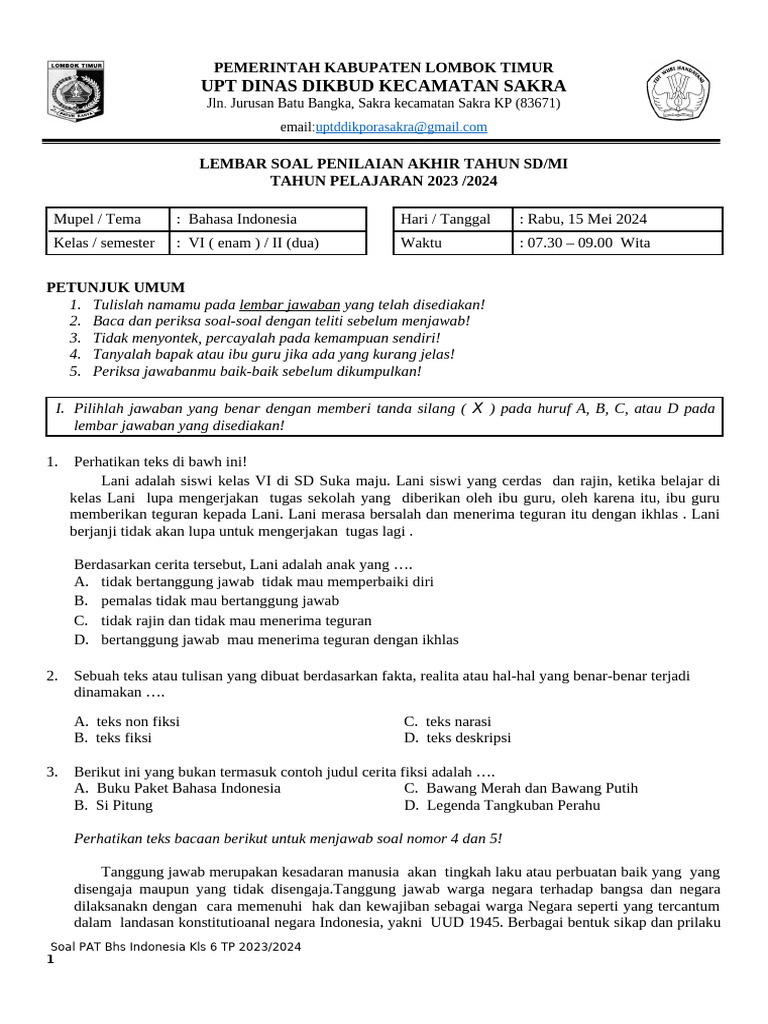 Naskah Soal Pat BHS Indonesia KLS 6 TP 2023-2024 | PDF