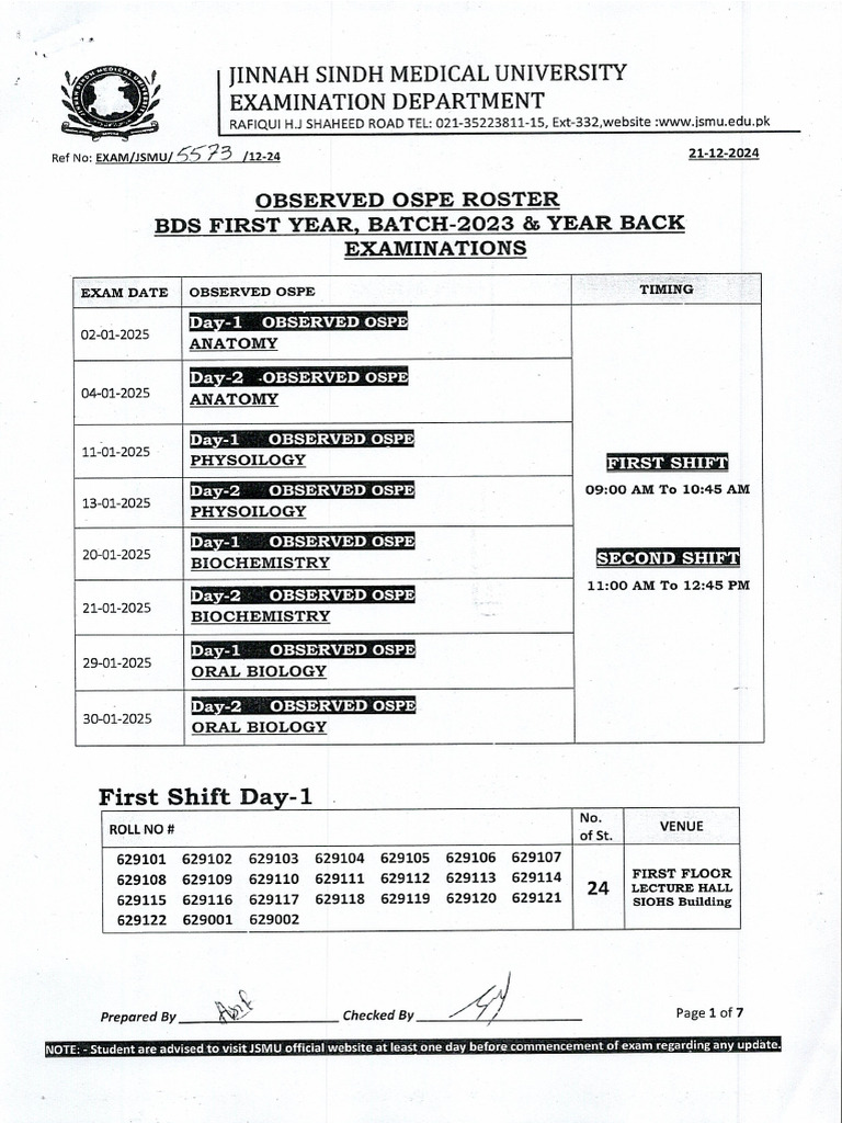 Observed Ospe Roster BDS First Year Batch 2023 Year Back Examination 21-12-2024 - 0001 | PDF