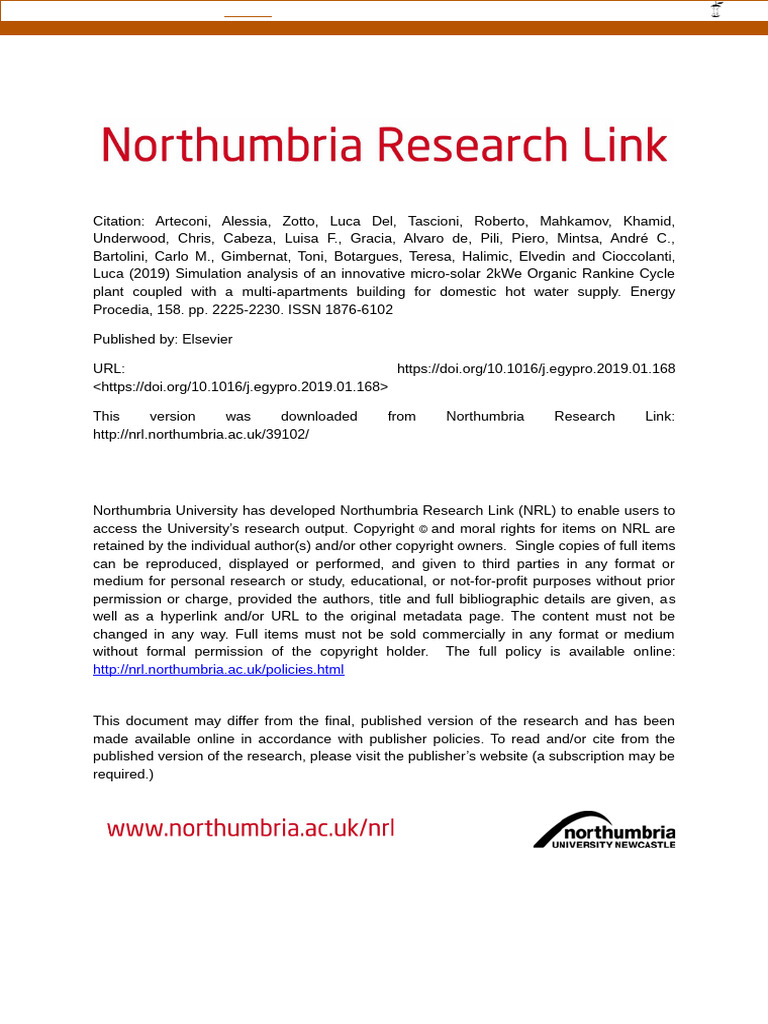 Provided by Northumbria Research Link | PDF | Cogeneration | Water Heating