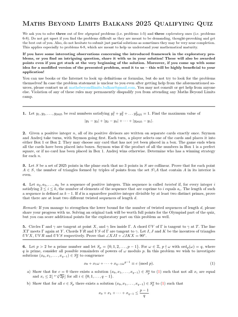 Balkan Math Olympiad 2025 Qualifying Quiz | PDF | Ring (Mathematics ...