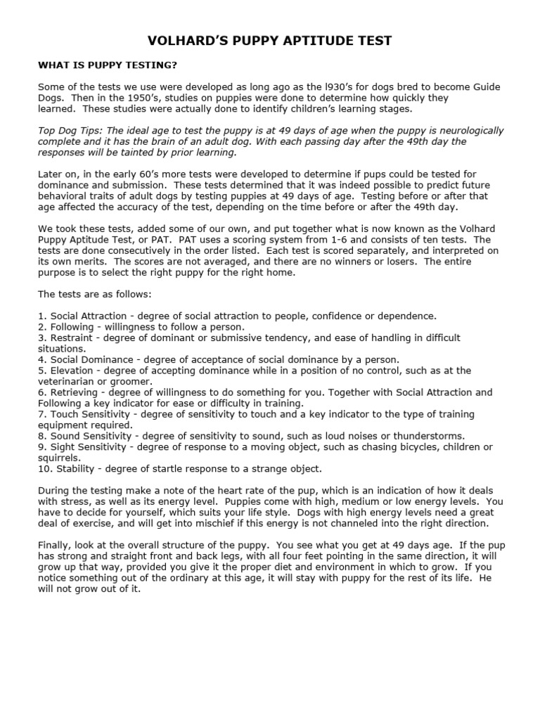 Volhards Puppy Aptitude Test | PDF | Dogs | Dog Training