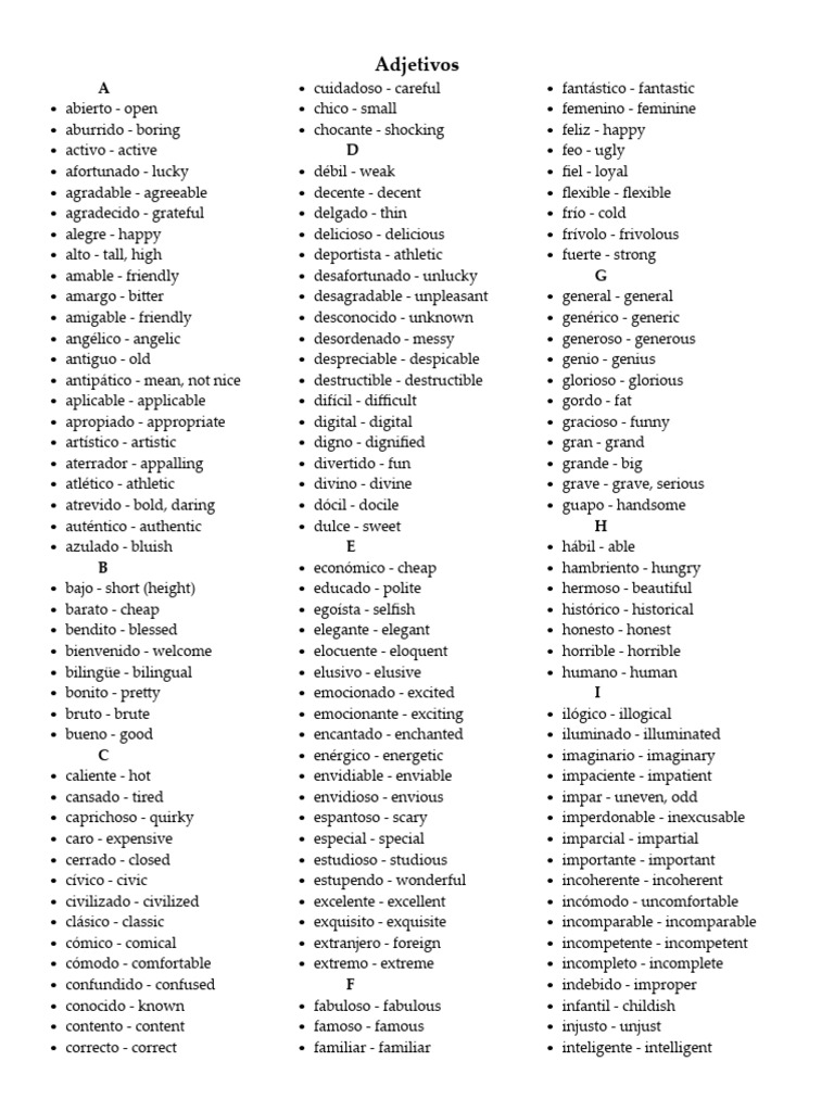 Sp1 U1 Adjective List | PDF