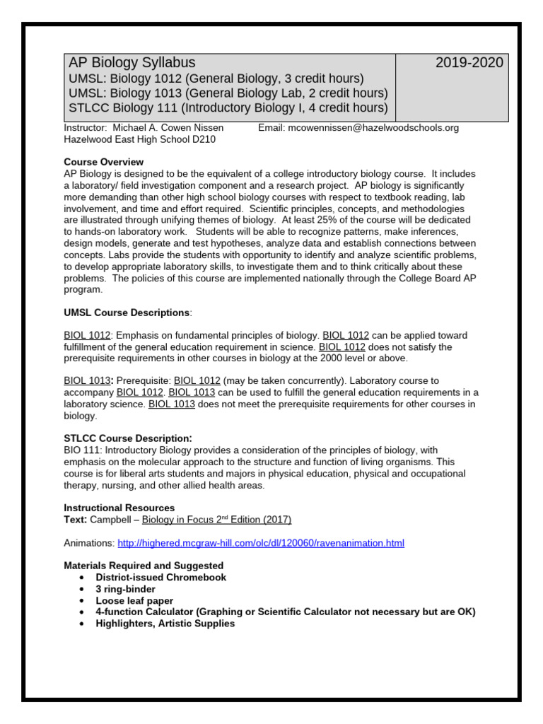 AP Biology Syllabus 1920 Revised | PDF | Genetics | Evolution