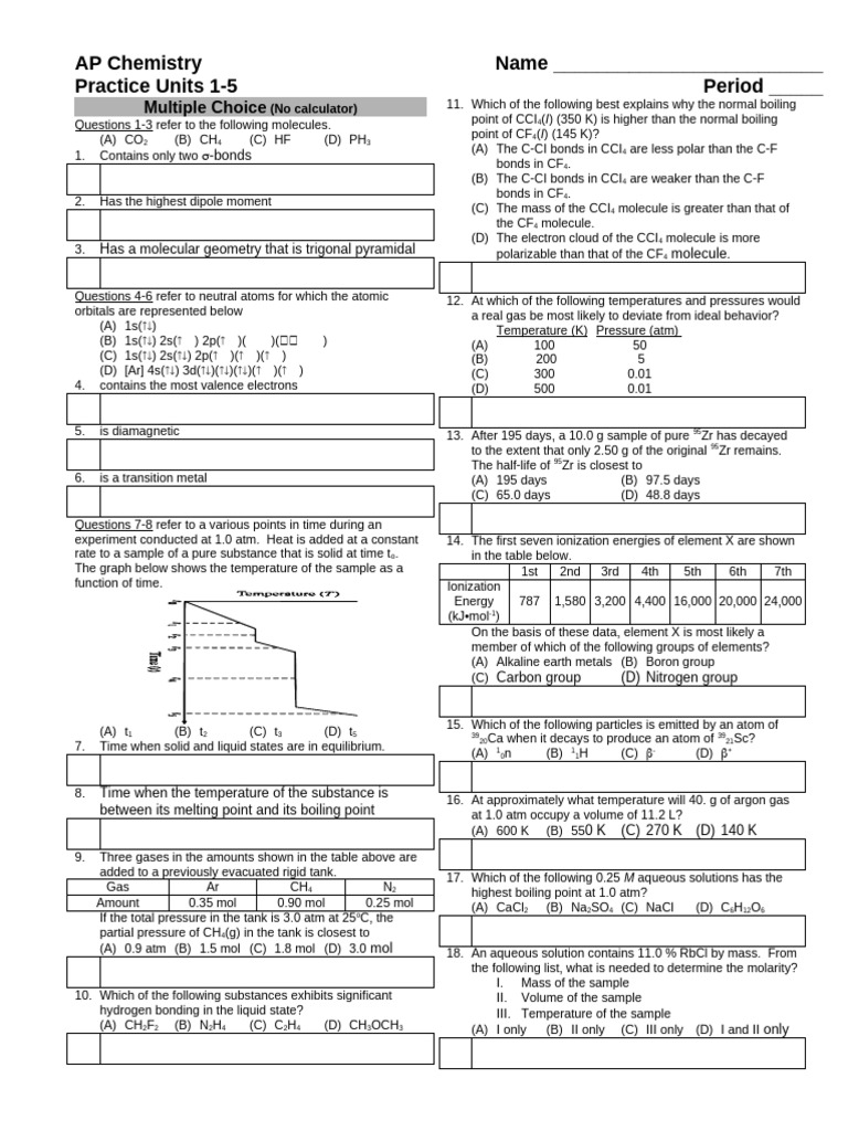 AP Chemistry Practice Units 1-5 | PDF | Chemical Substances | Atoms