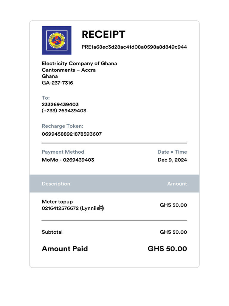 Electricity Top-Up Receipt Ghana | PDF