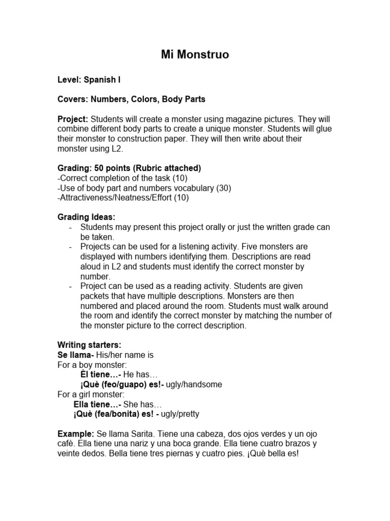 Mi Monstruo: Level: Spanish I Covers: Numbers, Colors, Body Parts ...