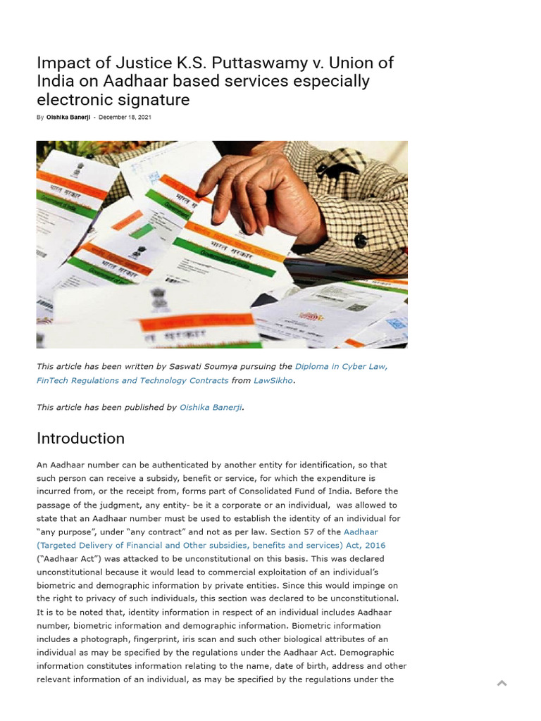 Impact of Justice K.S. Puttaswamy v. Union of India On Aadhaar Based ...