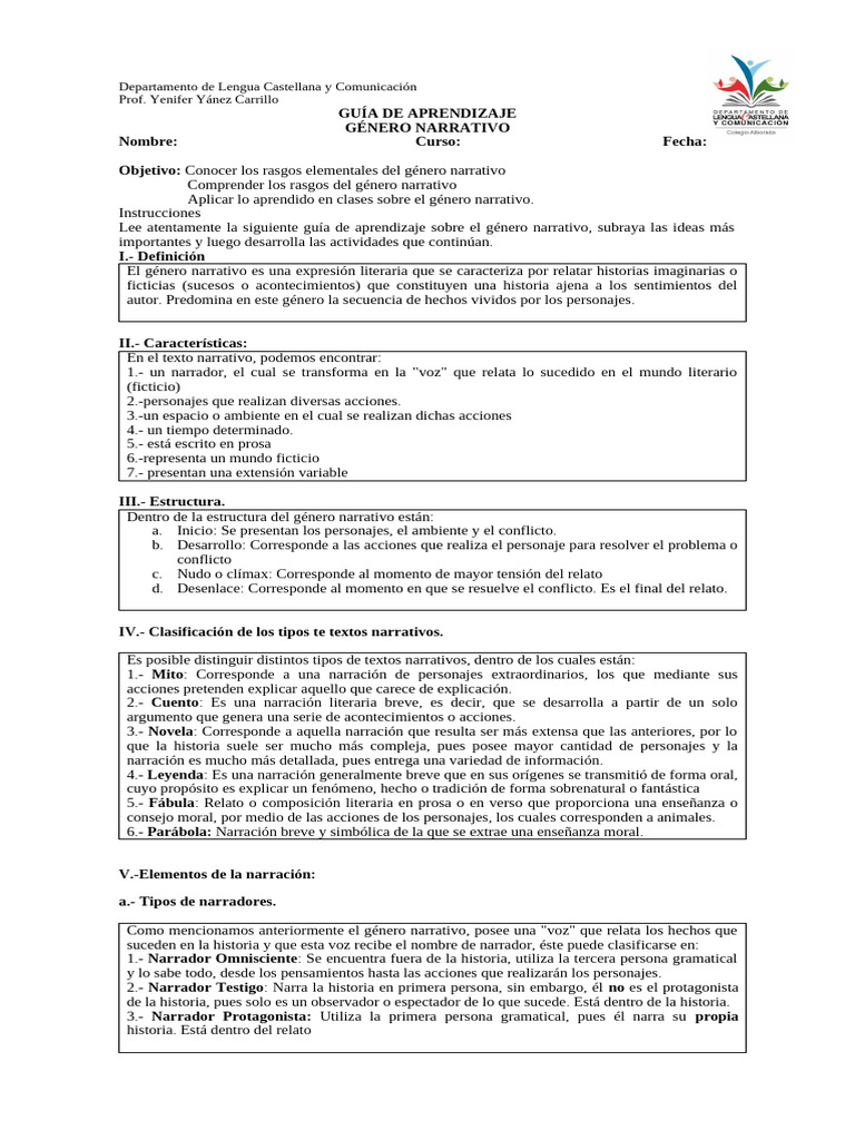 Guia Género Narrativo Quinto Básico | PDF | Narración