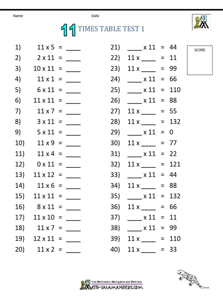 11 Times Table Test 1 | PDF