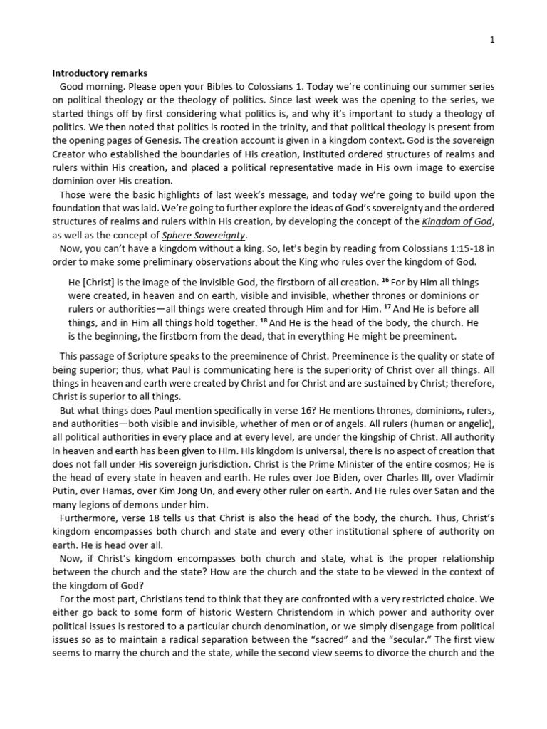 The Kingdom of God and Sphere Sovereignty_sermon Notes | PDF | Kingship ...