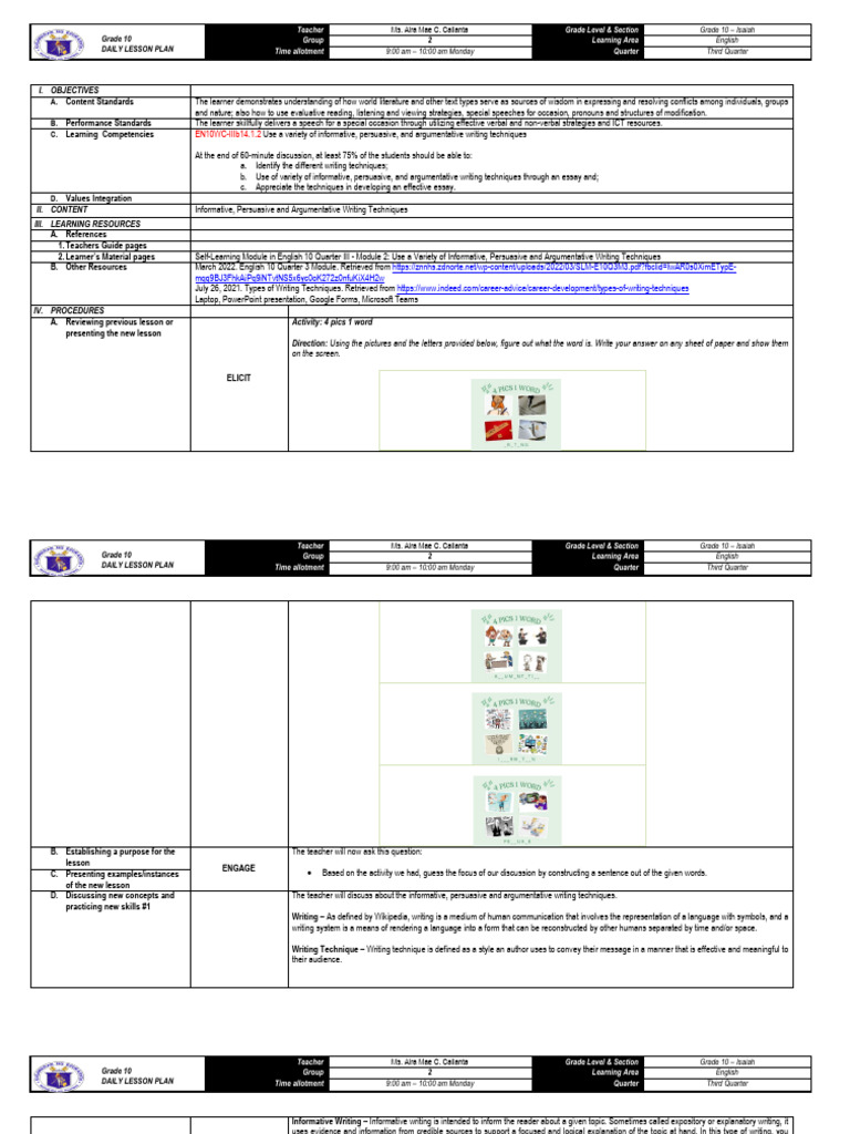 Grade 10 English Writing Techniques Lesson Plan | PDF | Essays | Argument