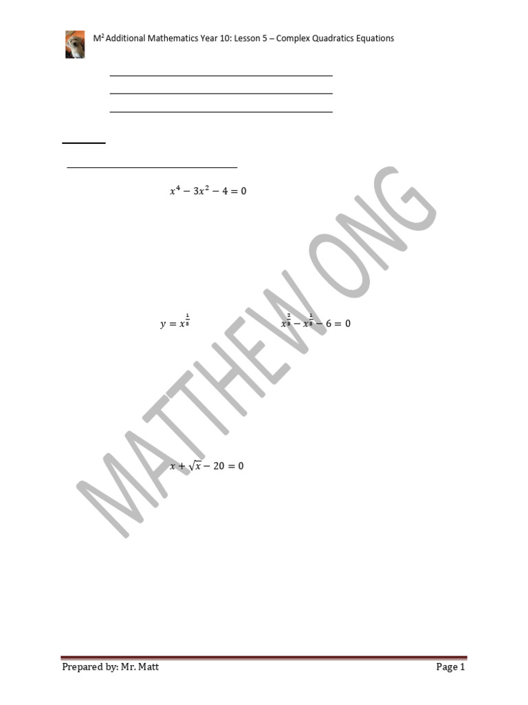 Lesson 5 - Complex Quadratics Equations | PDF | Equations | Quadratic Equation