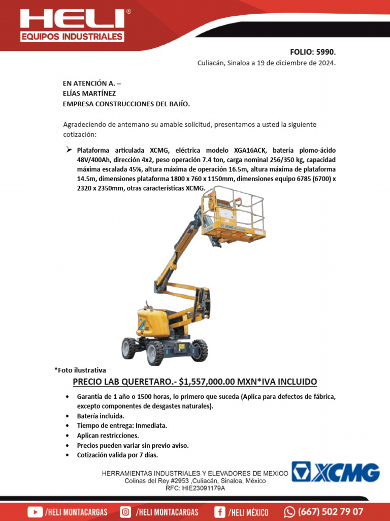 PLATAFORMA ARTICULADA ELECTRICA XGA16ACK-ELÍAS MARTÍNEZ. 5990 | PDF