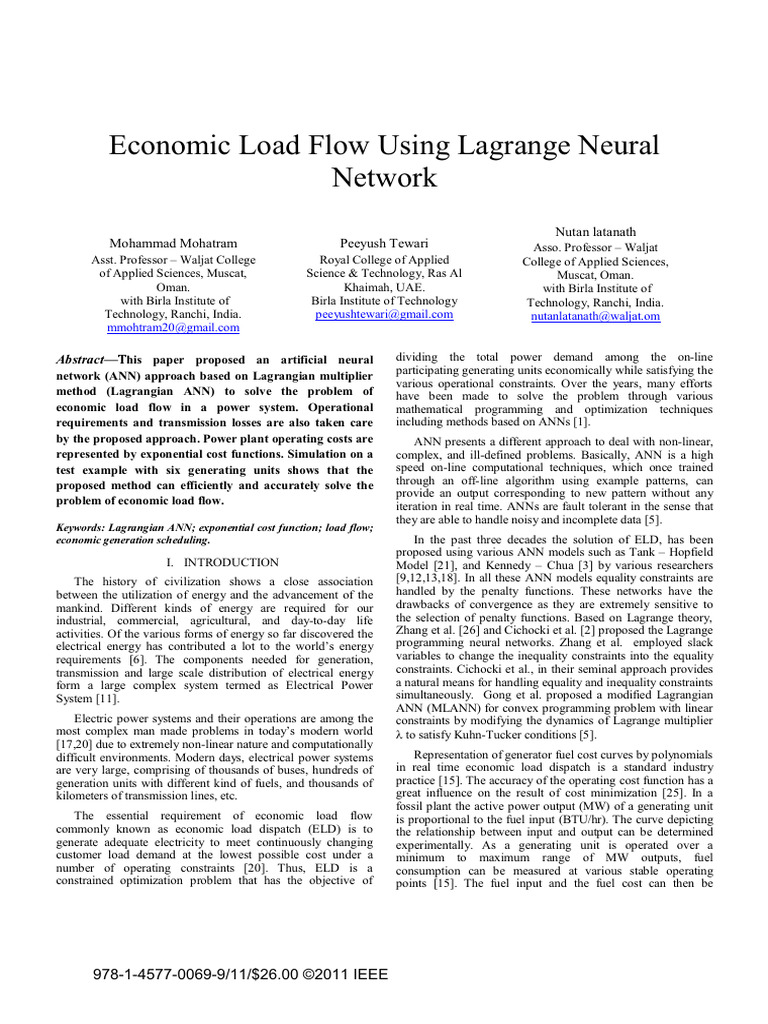 Economic Load Flow Using Lagrange Neural Network Pdf Mathematical Optimization Mathematics 9603