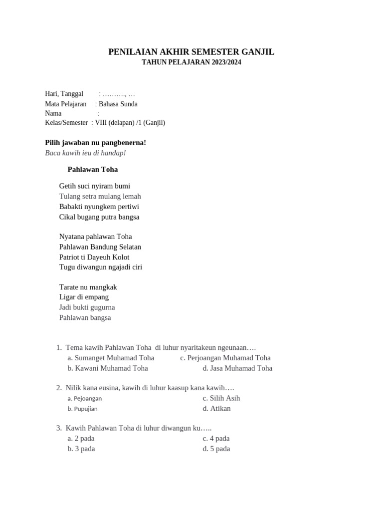 Pas Sunda Kelas 8 Soal 25 | PDF