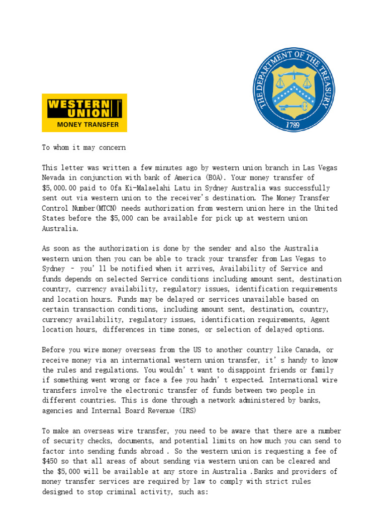 Western Union Letter | PDF | Western Union | Wire Transfer