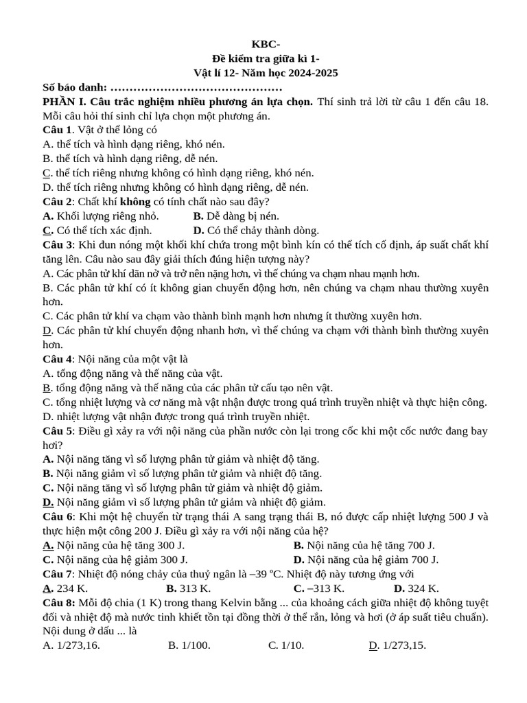 KBC-2- Chuẩn-Đề kiểm tra giữa học kì 1 Vật lí 12- năm học 2024-2025 | PDF