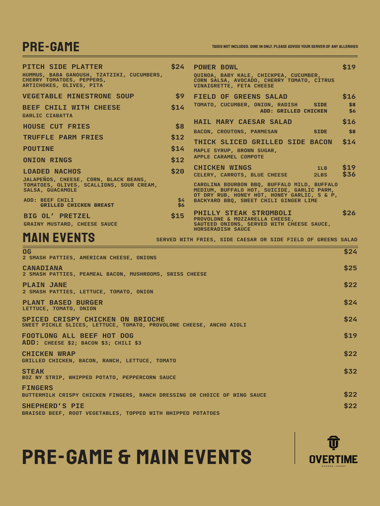 Overtime Cafe Menu Highlights | PDF | Salad | Bacon