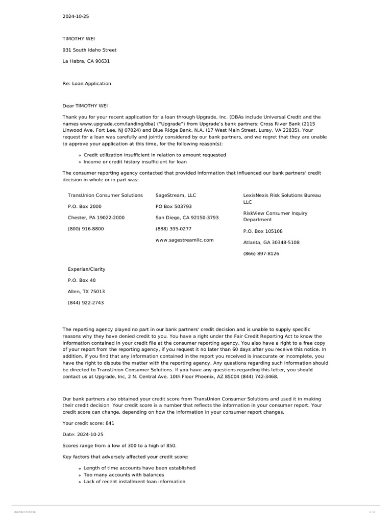 Loan Application Denial Notice | PDF | Credit | Finance & Money Management