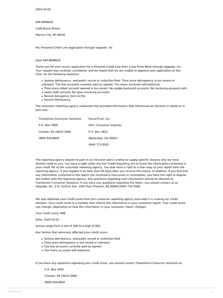 FactorTrust Risk Score Denial Notice | PDF | Credit | Finance & Money ...