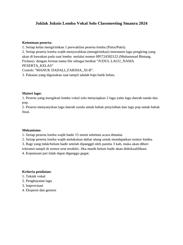 Juklak Juknis Lomba Vokal Solo Classmeeting Smanra 2024 | PDF
