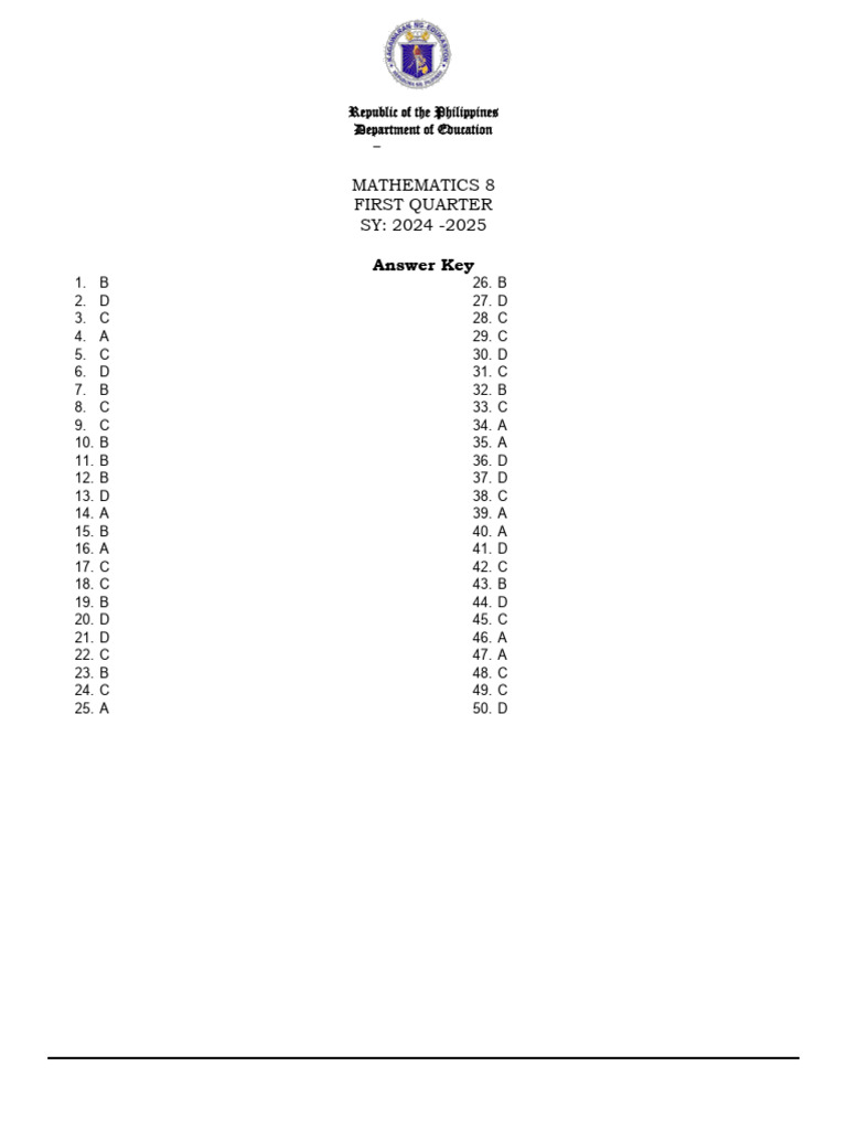 Math 8 Answer Key Q1 2024-2025 | PDF
