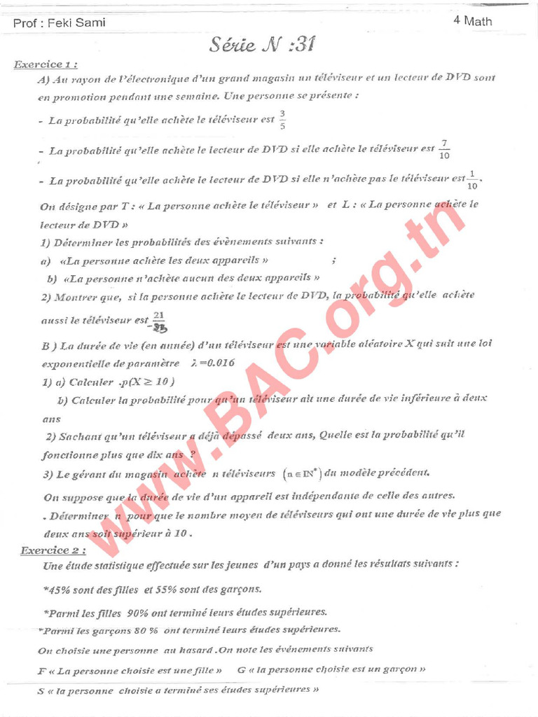 Série Probabilité Avec Correction - Bac Mathématique | PDF