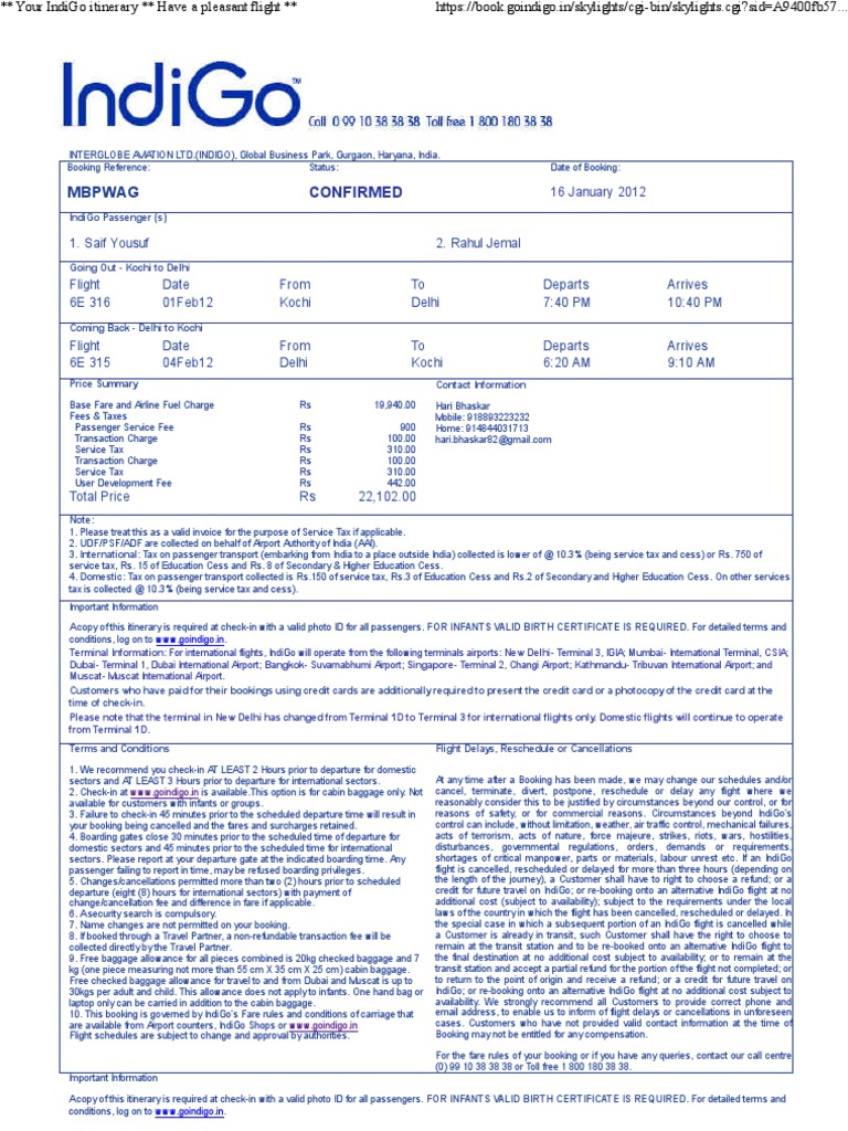 Your IndiGo Flight Itinerary from Kochi to Delhi and Back | PDF ...