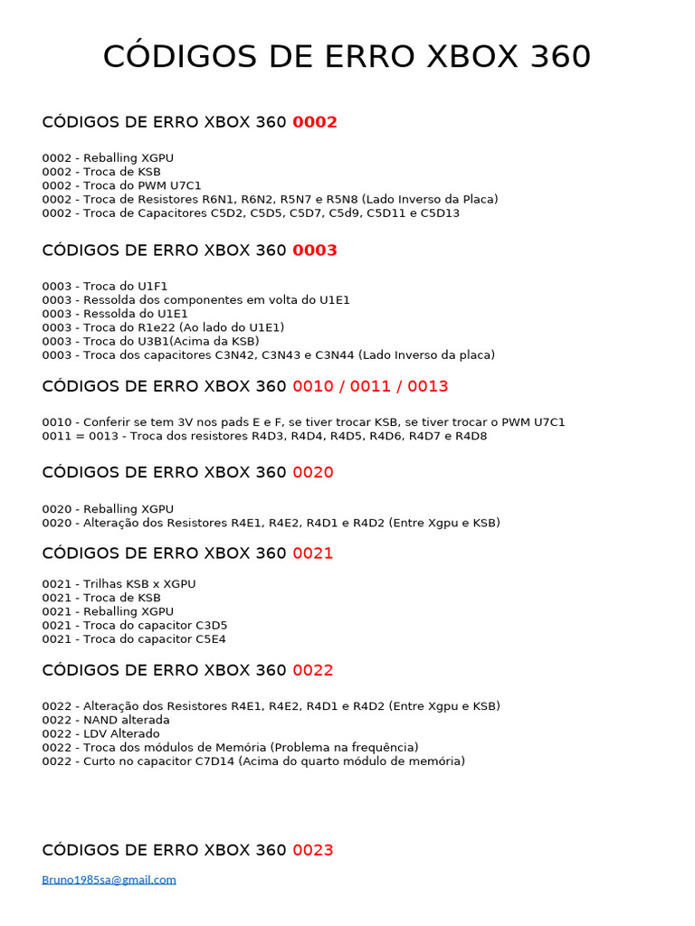 Códigos de Erro Xbox 360 | PDF | Engenharia Elétrica | Capacidade elétrica