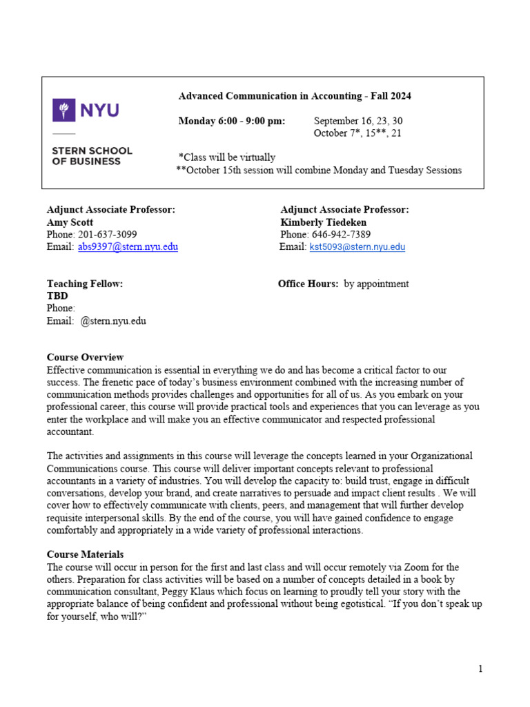 Fall 2024 - Adv Comm in Acct Syllabus - Monday | PDF | Turnitin | Communication