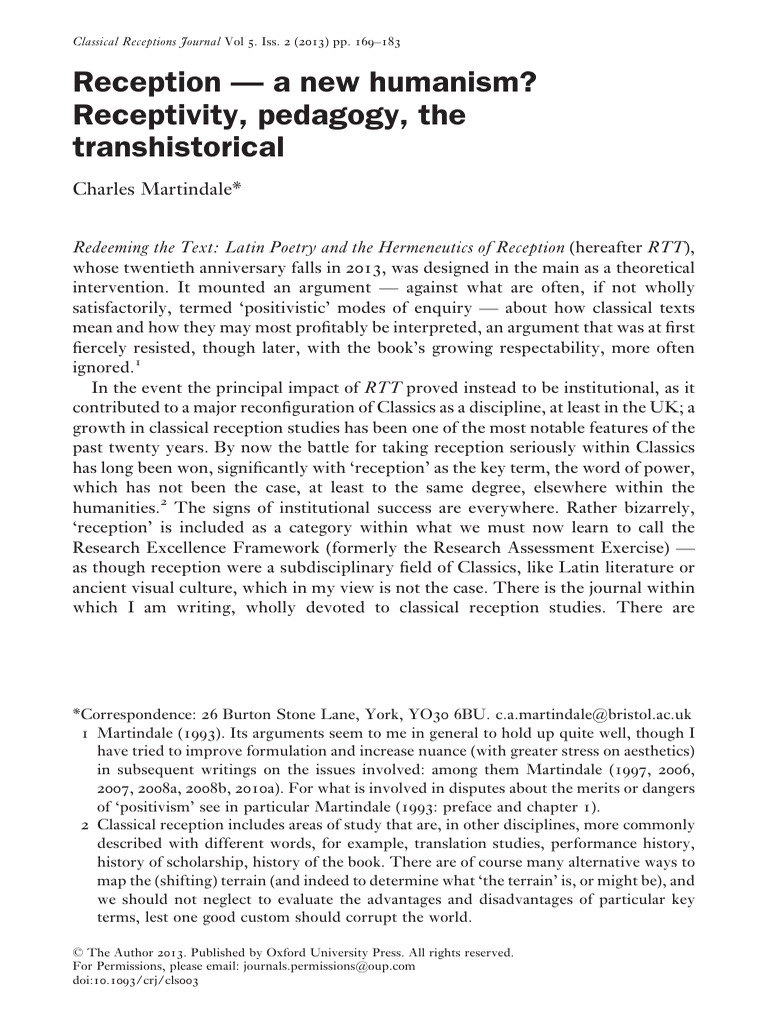 MARTINDALE Reception A New Humanism | PDF | Classics | Humanism