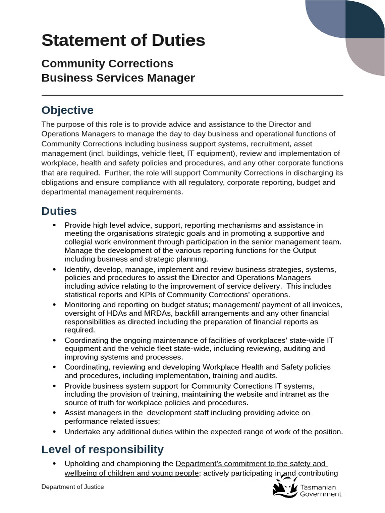 Statement of Duties (357678) Business Services Manager 12 Dec 24 | PDF ...