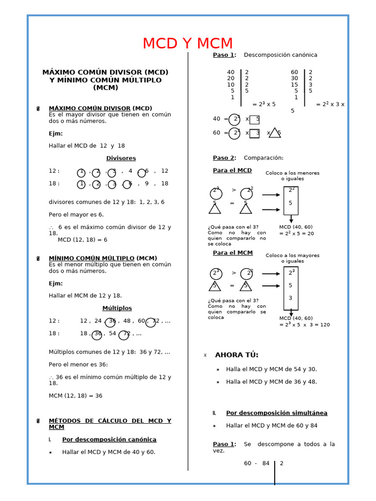 Máximo Comun Divisor y Mínimo Comun Multiplo para Primero de Secundaria ...