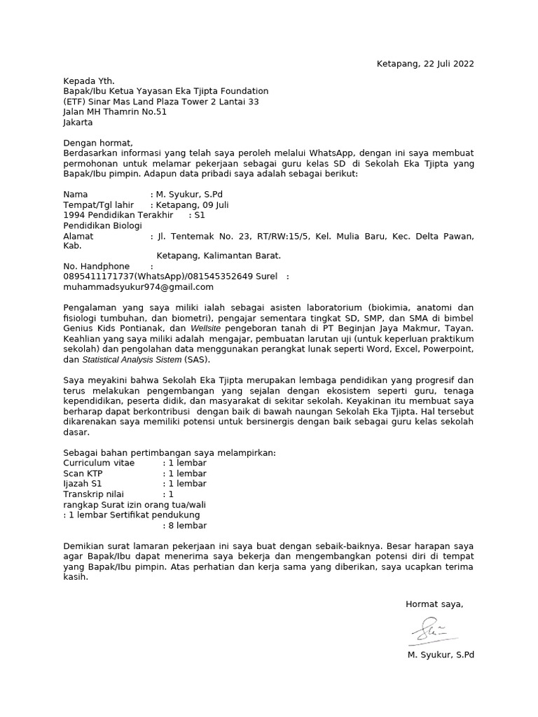 Surat Lamaran Guru SD EkaTjipta PDF | PDF