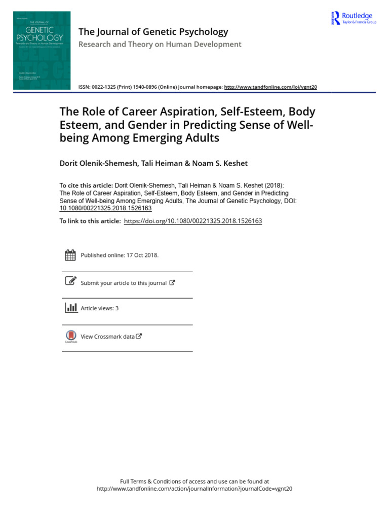 The Role of Career Aspiration, Self-Esteem, Body Esteem, and Gender in Predicting Sense of Well ...