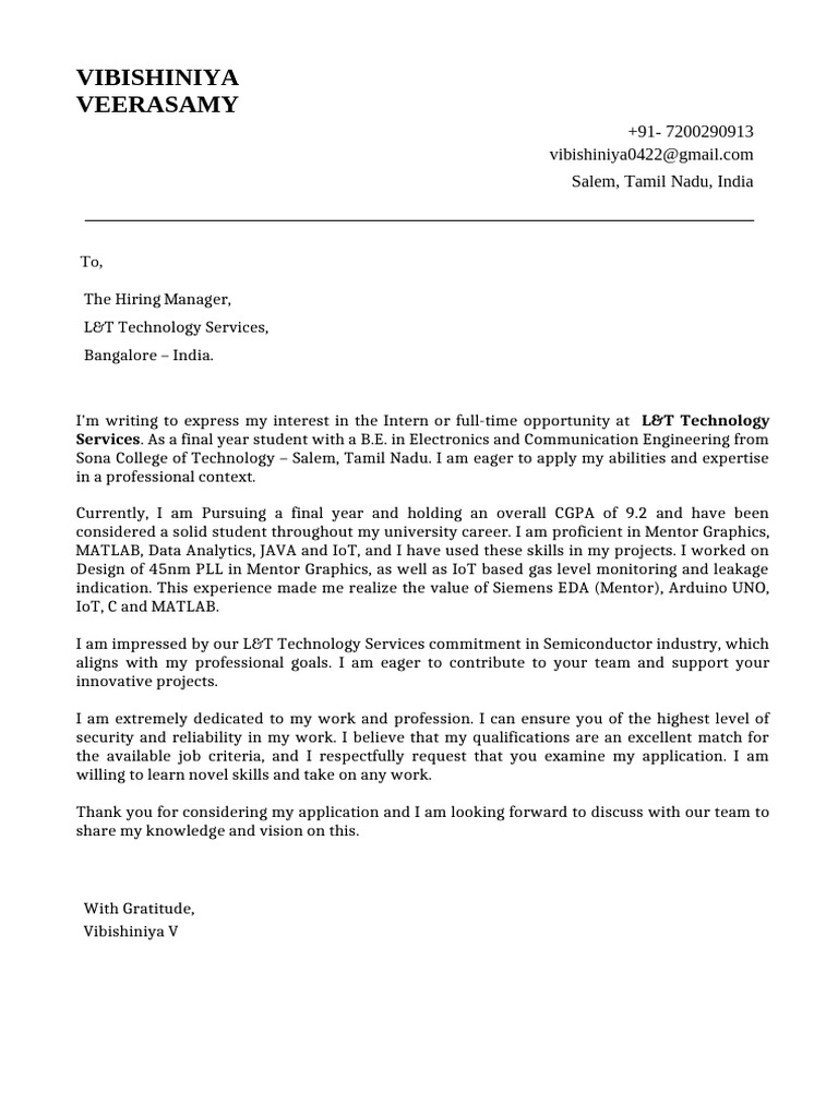 Cover Letter - Vibishiniya | PDF