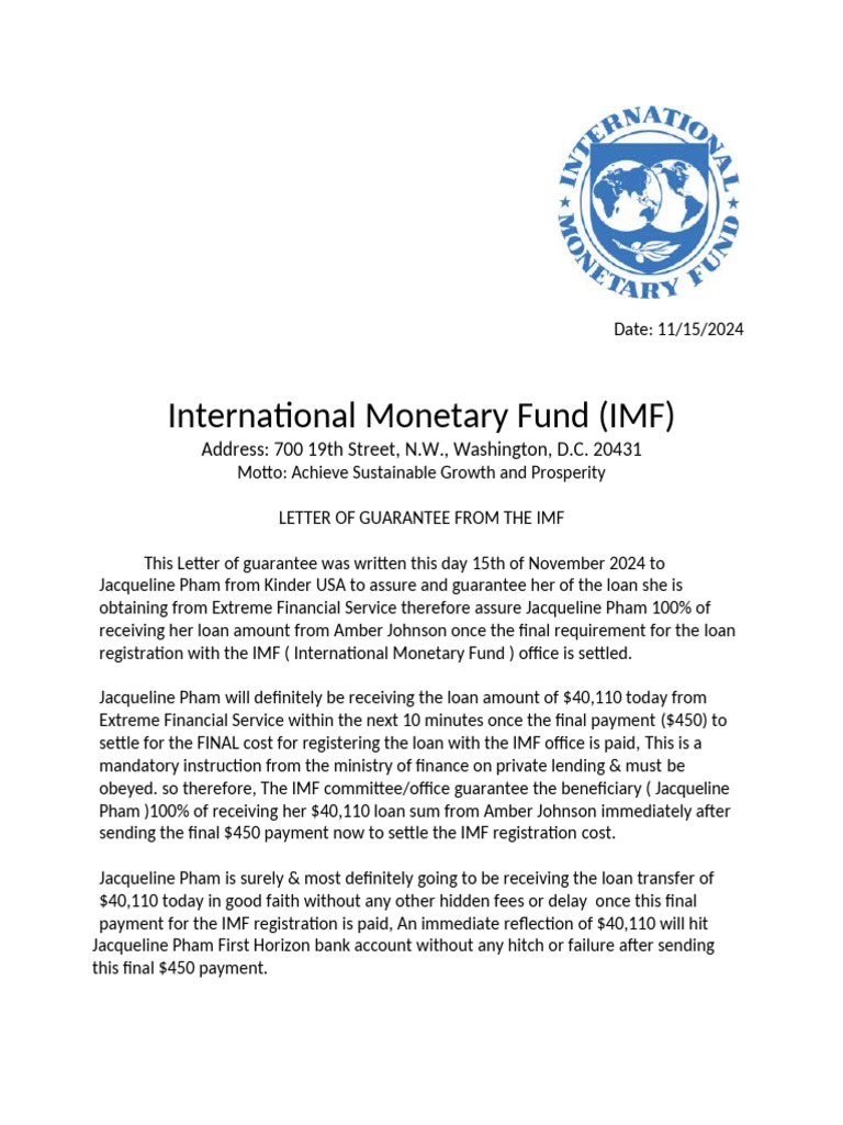 IMF Guarantee Letter To Jacqueline Pham | PDF