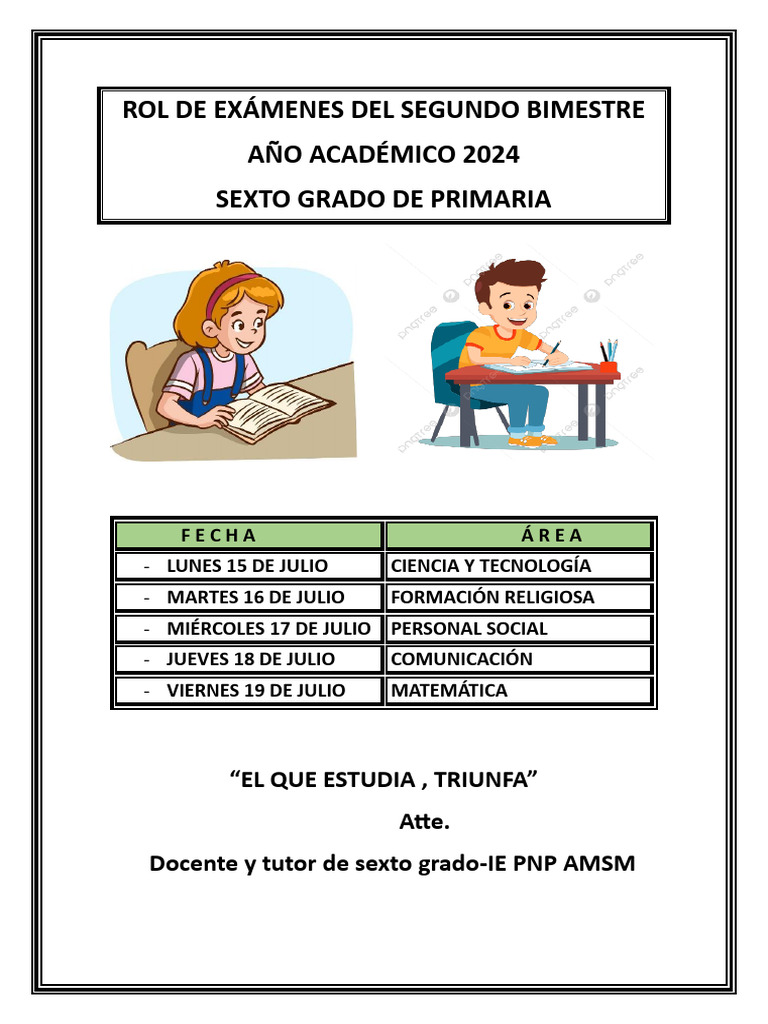Rol De Exámenes Del Segundo Bimestre Pdf